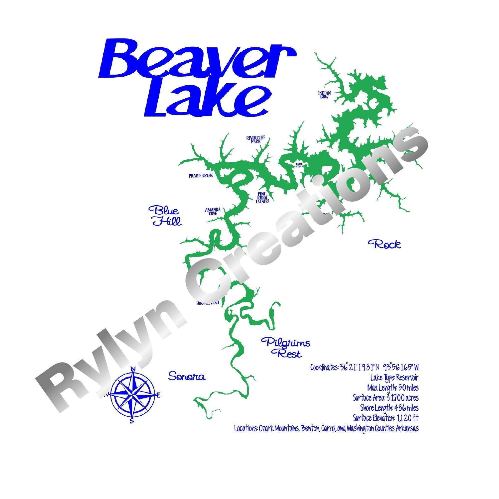 Beaver Lake Map With Coves and Details Digital Files - Etsy