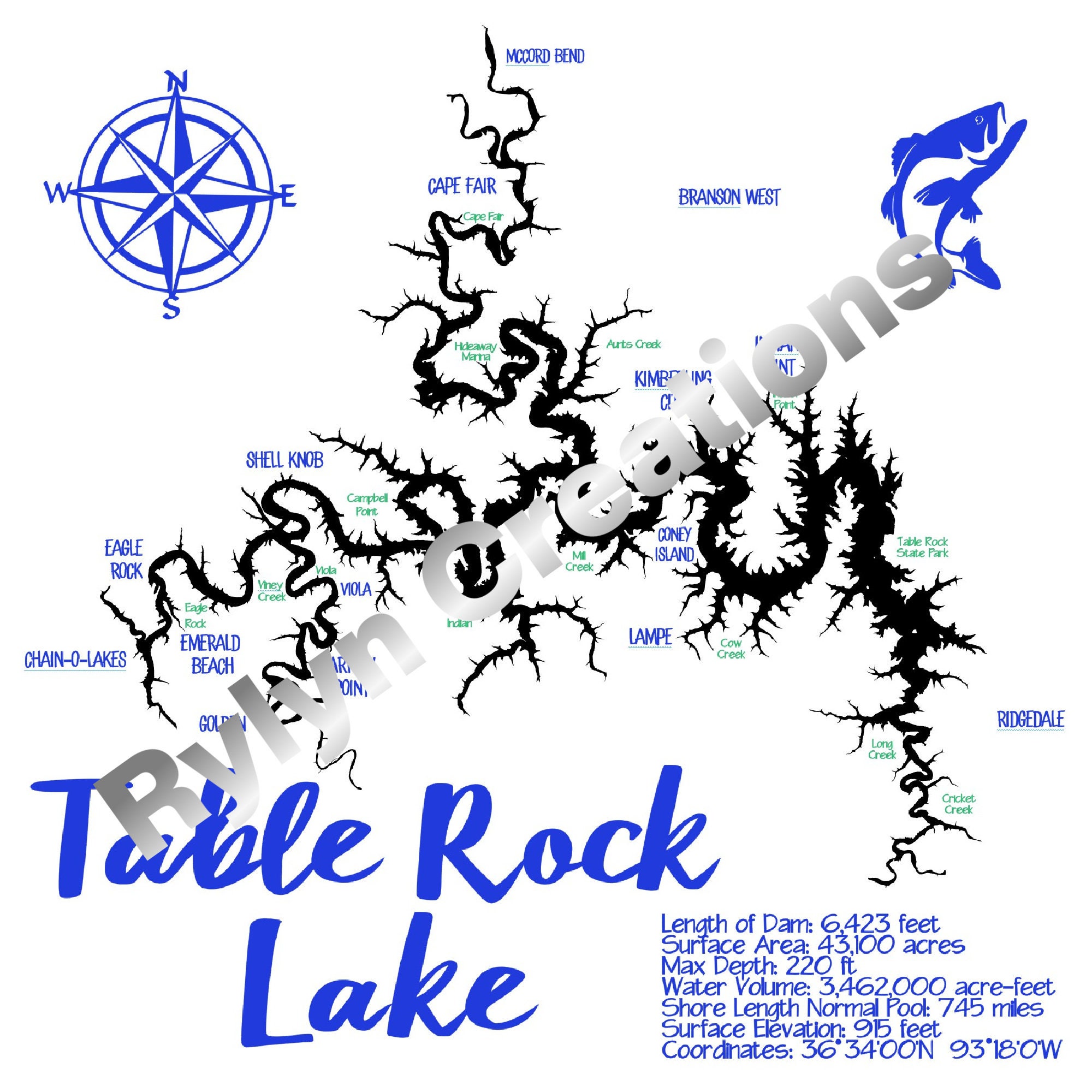 Table Rock Lake Map With Coves Embroidery File - Etsy
