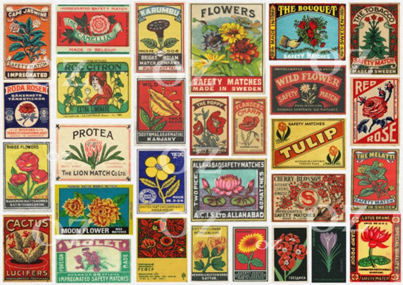 Vintage Matchbox Flowers Labels Poster: Retro Advertising Art - Etsy