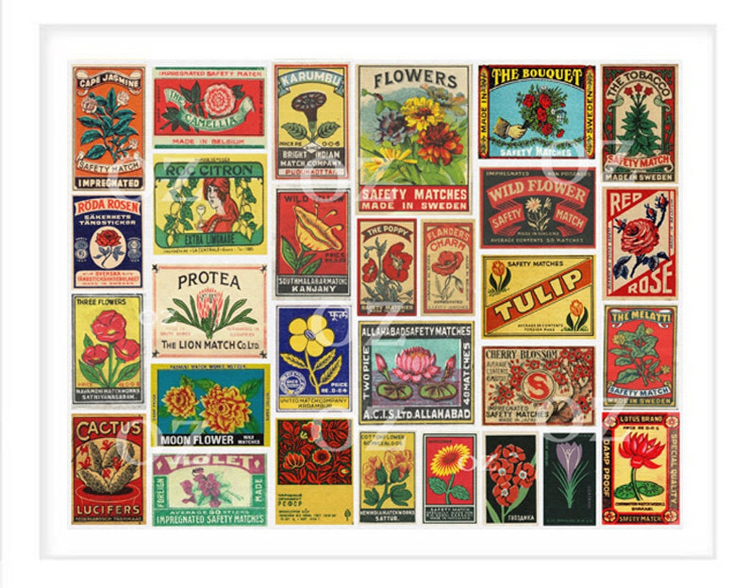 Vintage Matchbox Flowers Labels Poster: Retro Advertising Art - Etsy