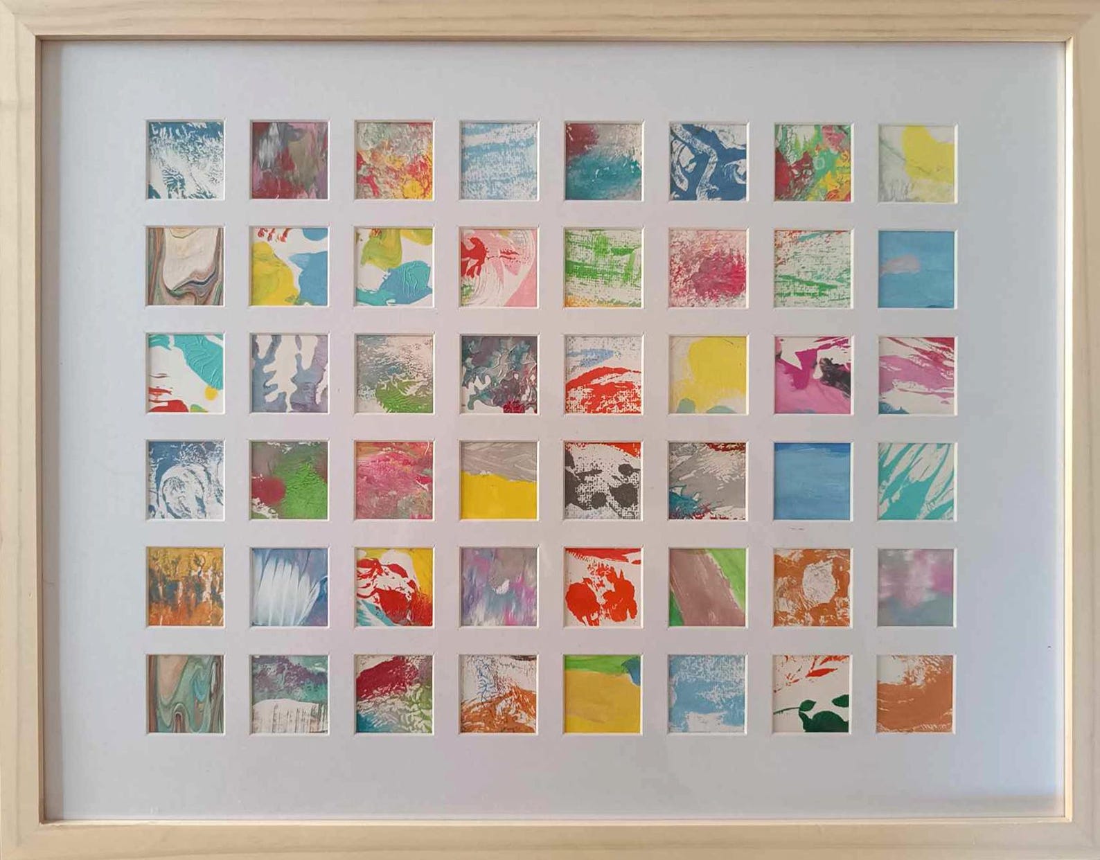 Abstract Pieces in Natural Wood Frame, Colourful Miniature Collage ...