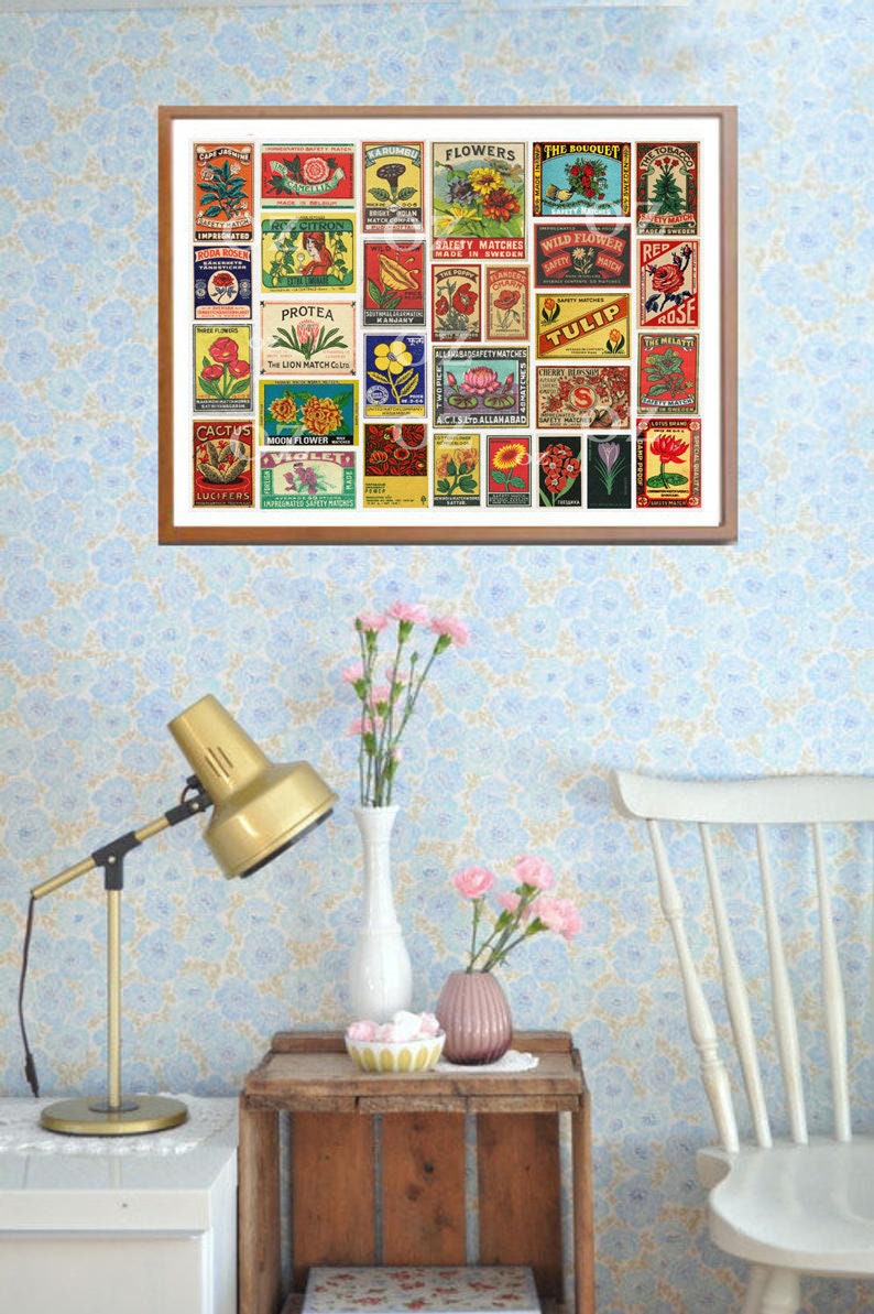 Vintage Matchbox Flowers Labels Poster / Vintage Advertising Flowers ...