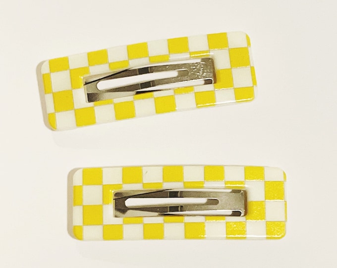 Yellow and White Checkered Hair Clip Checker Rectangle 2" Hair Barrette ...