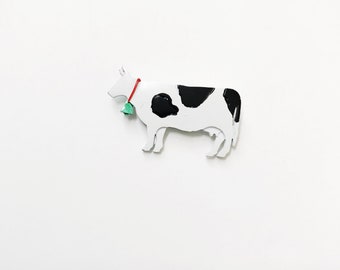 Vintage Figural Holstein Dairy Cow Goldtone Black and White Enamel ...