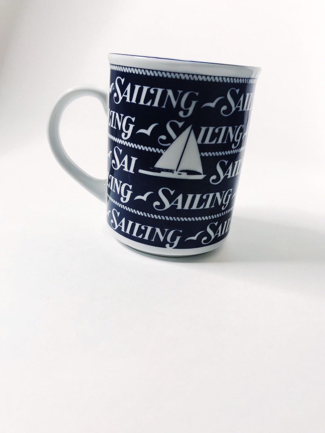 Vintage Nautical Sailboat Mug: Navy Blue Sailing Stoneware - Etsy