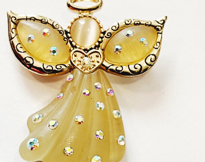 Angel Pin Guardian Angel Lapel Yellow and Gold Tone Rhinestone Angel ...
