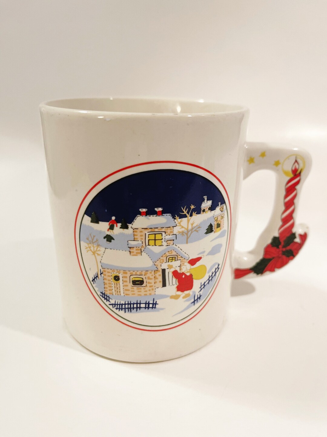 Vintage Christmas Mug: Santa Winter Town Scene, Candle Handle (chipped ...
