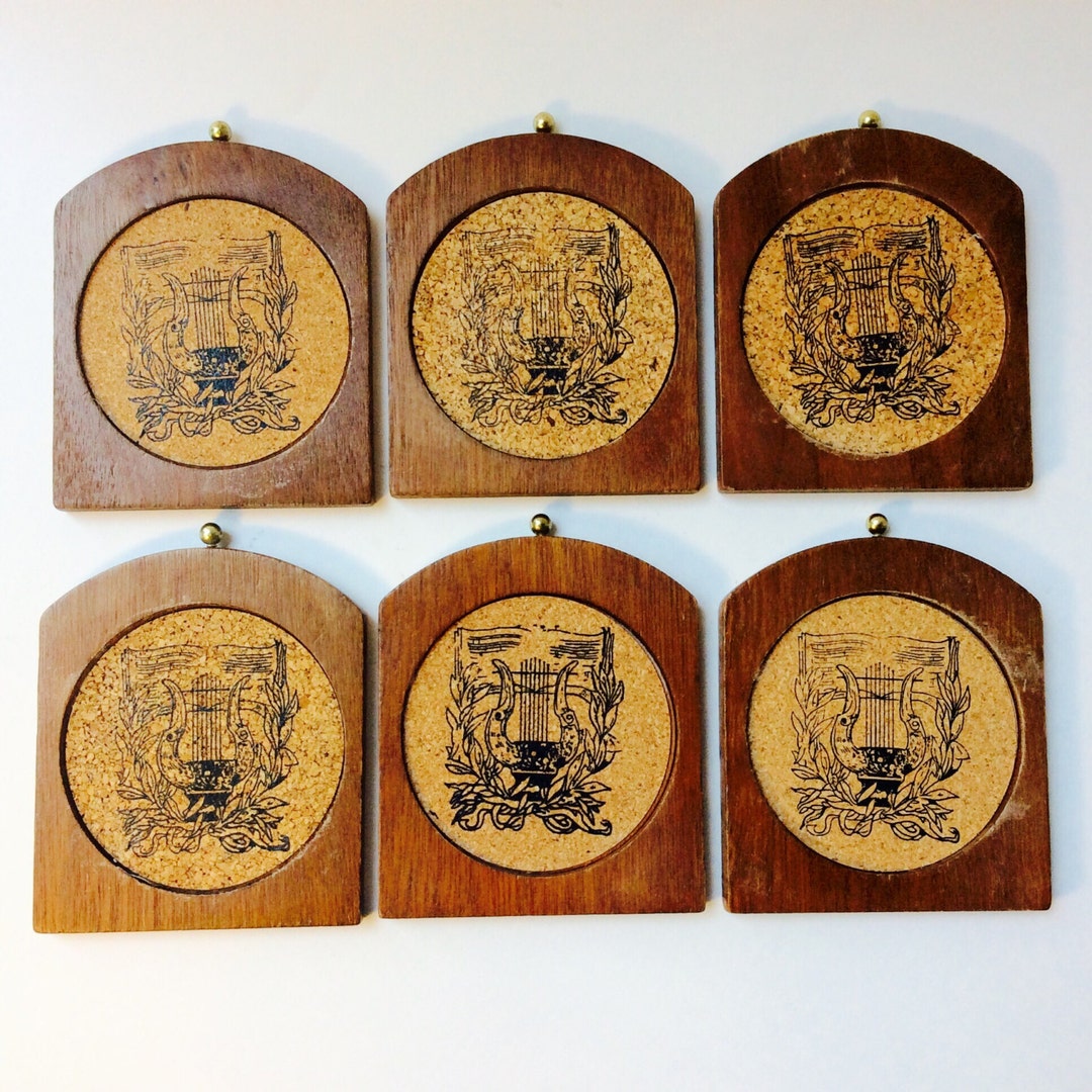 Vintage Wooden Cork Coasters - Harp & Music Theme - Set of 6 - Etsy