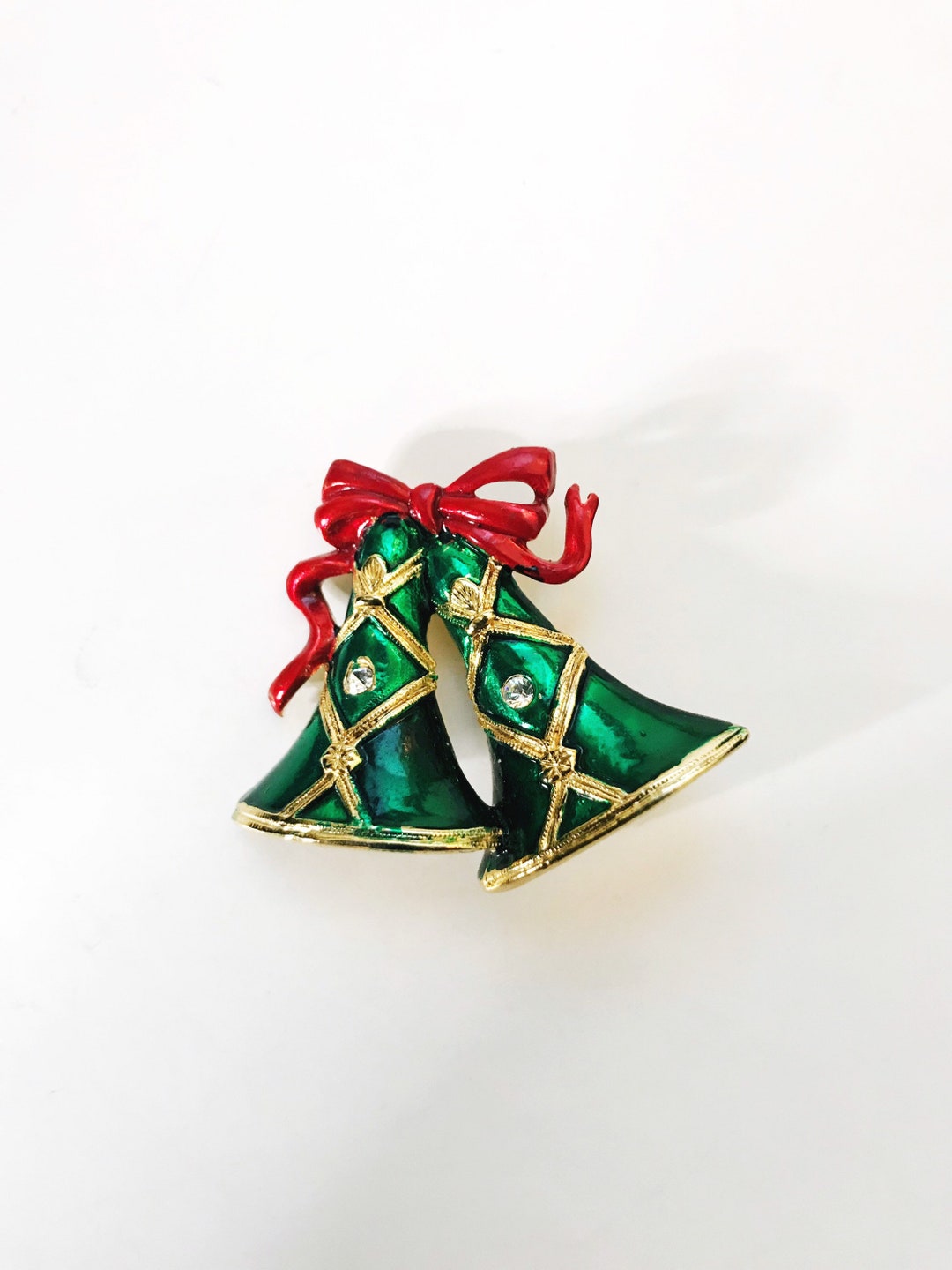 Christmas Bells Pin SFJ Bells Brooch Pin Red, Green Enamel, Rhinestones ...