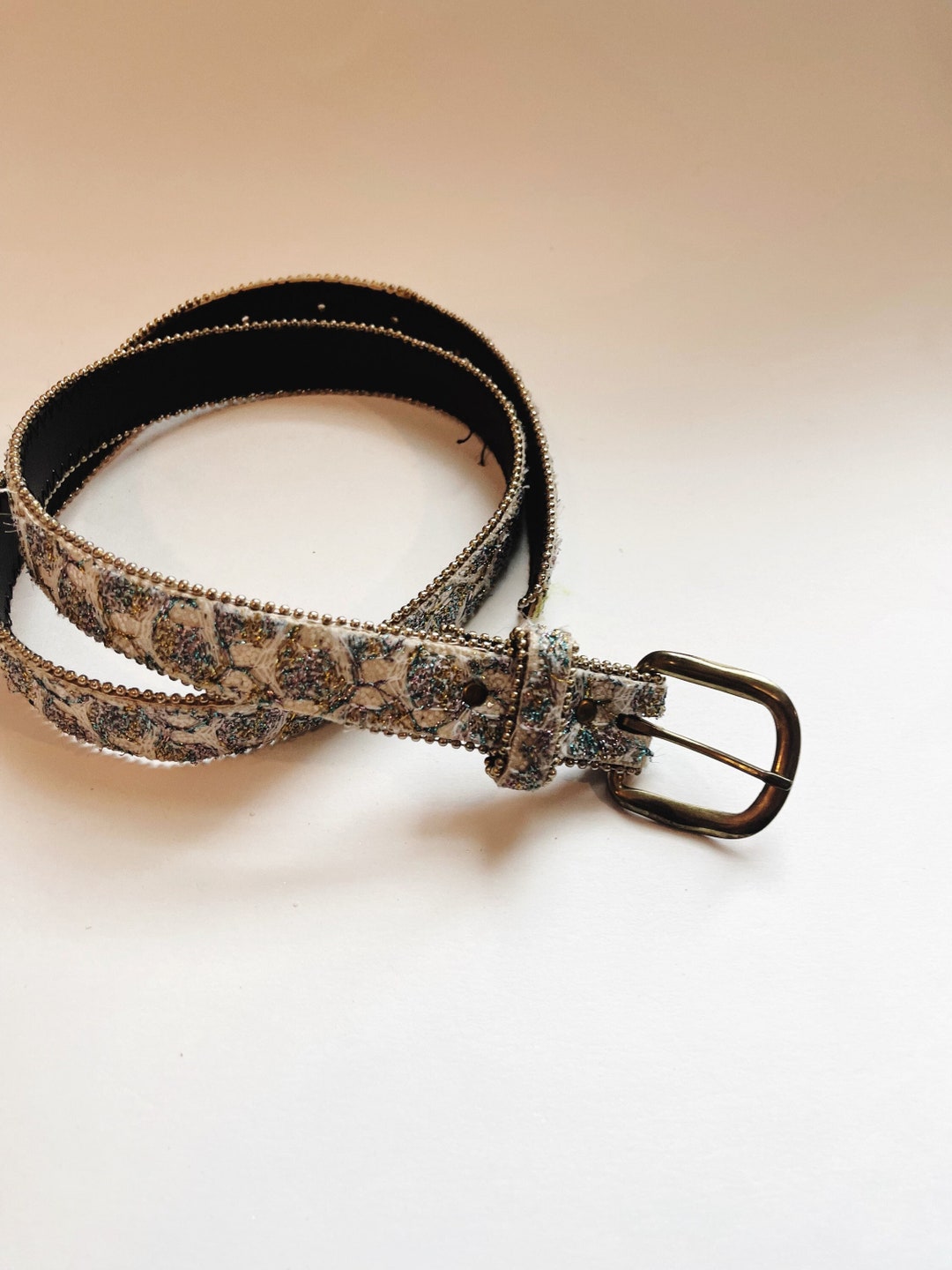 Vintage Belt Eclectic Retro Belt 1990s Glam Glitter Fabric Belt Beaded ...
