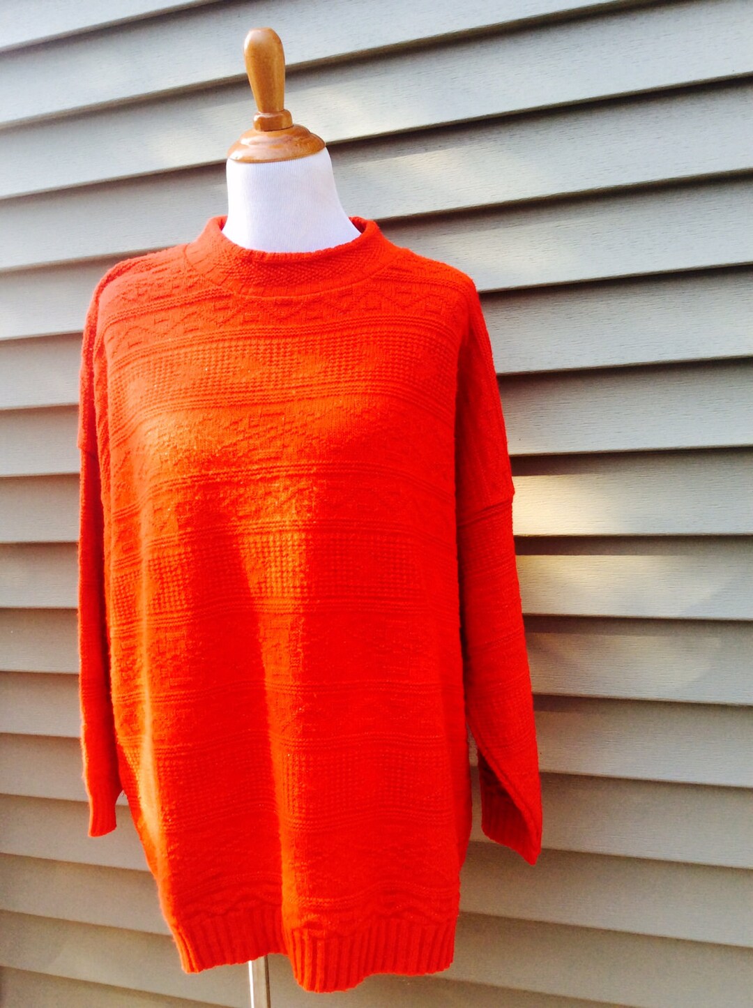 Vintage 80s Chunky Red Sweater Women's Knit Aztec Print Abstract Crew ...