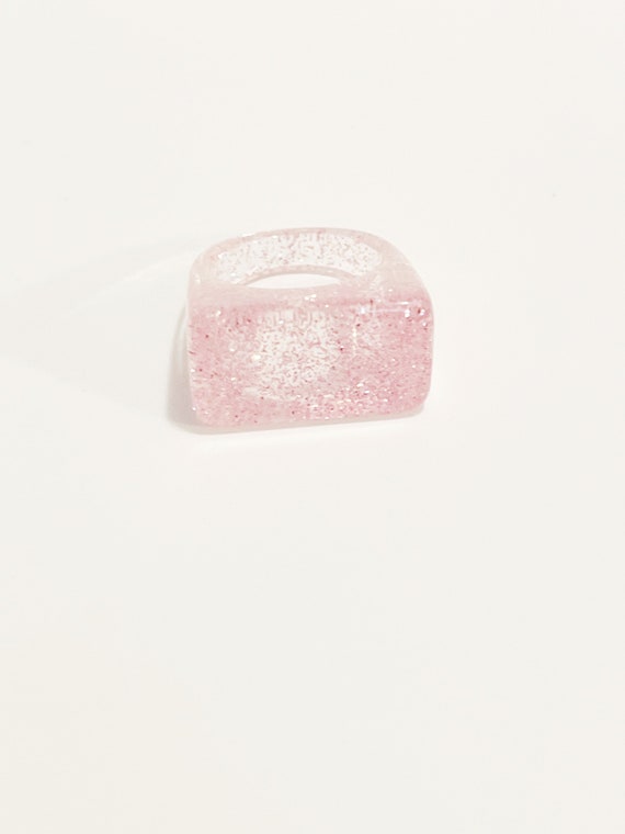 Pink Glitter Ring Lucite Bubble Retro Ring Plastic Ri… - Gem
