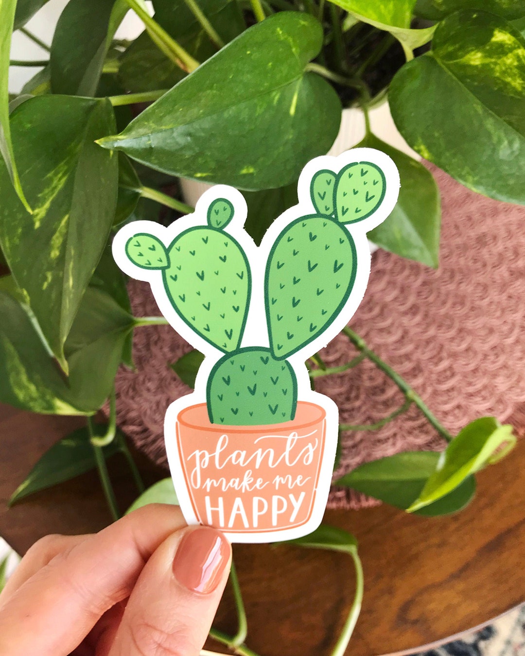 Cactus Sticker, Plants Make Me Happy Saying, Cute Hand Drawn Plant ...