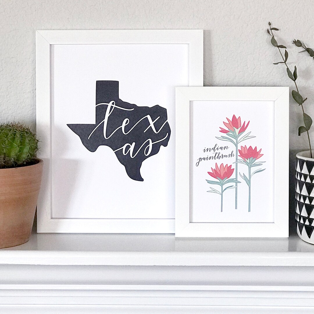 Texas & Wildflower Art Print Set of 2, Hand Drawn Texas Floral Wall Art ...