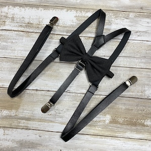 Adult Black PU Leather Skinny Suspender Burlap Bowtie Matching Set ...