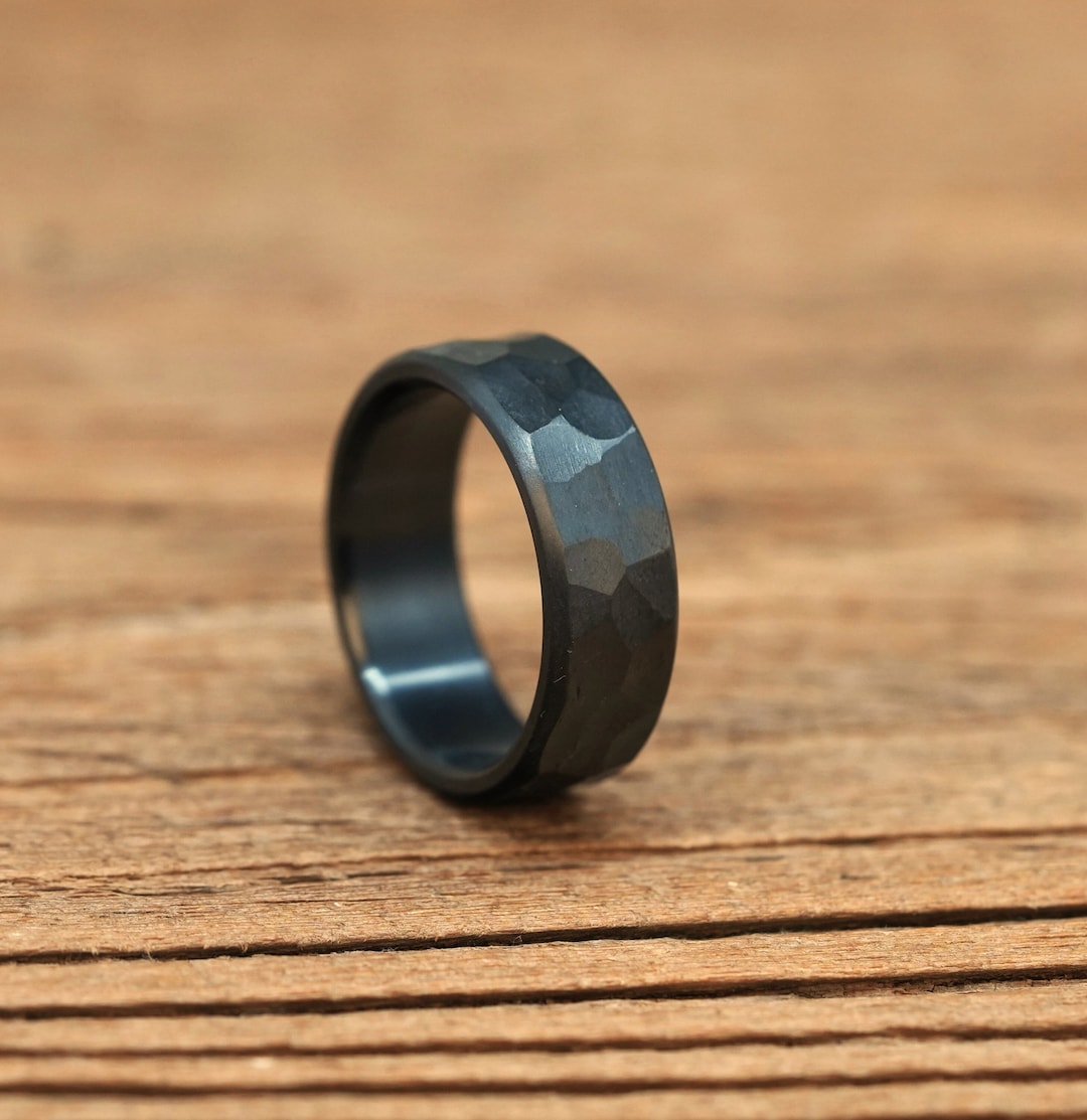 Black Zirconium Ring, Hammered Texture, Heat Treated, Durable Layer ...