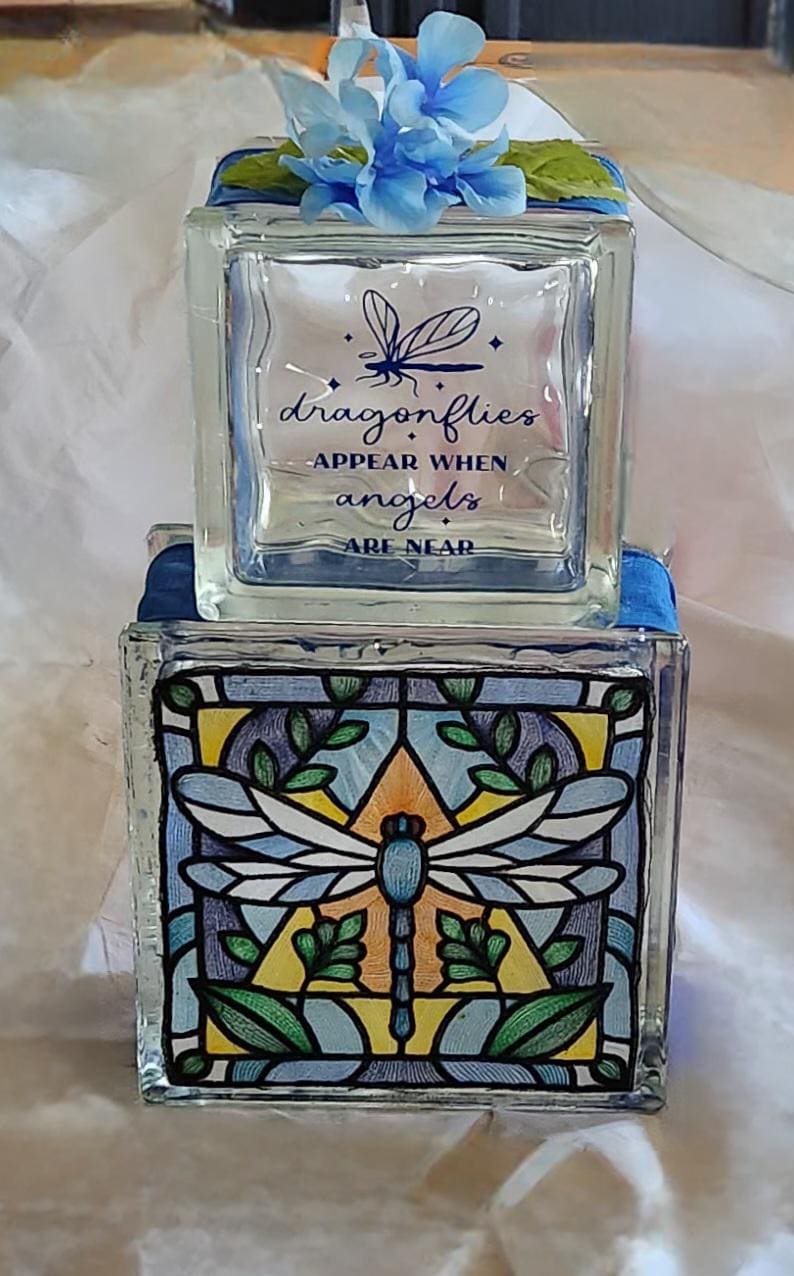 Dragonfly Glass Block Art Embroidered Stained Glass on Upcycled Double ...
