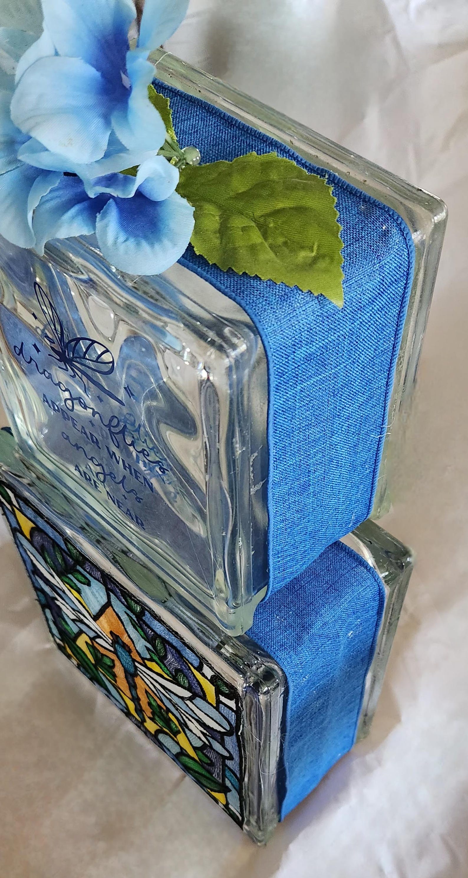 Dragonfly Glass Block Art Embroidered Stained Glass on Upcycled Double ...