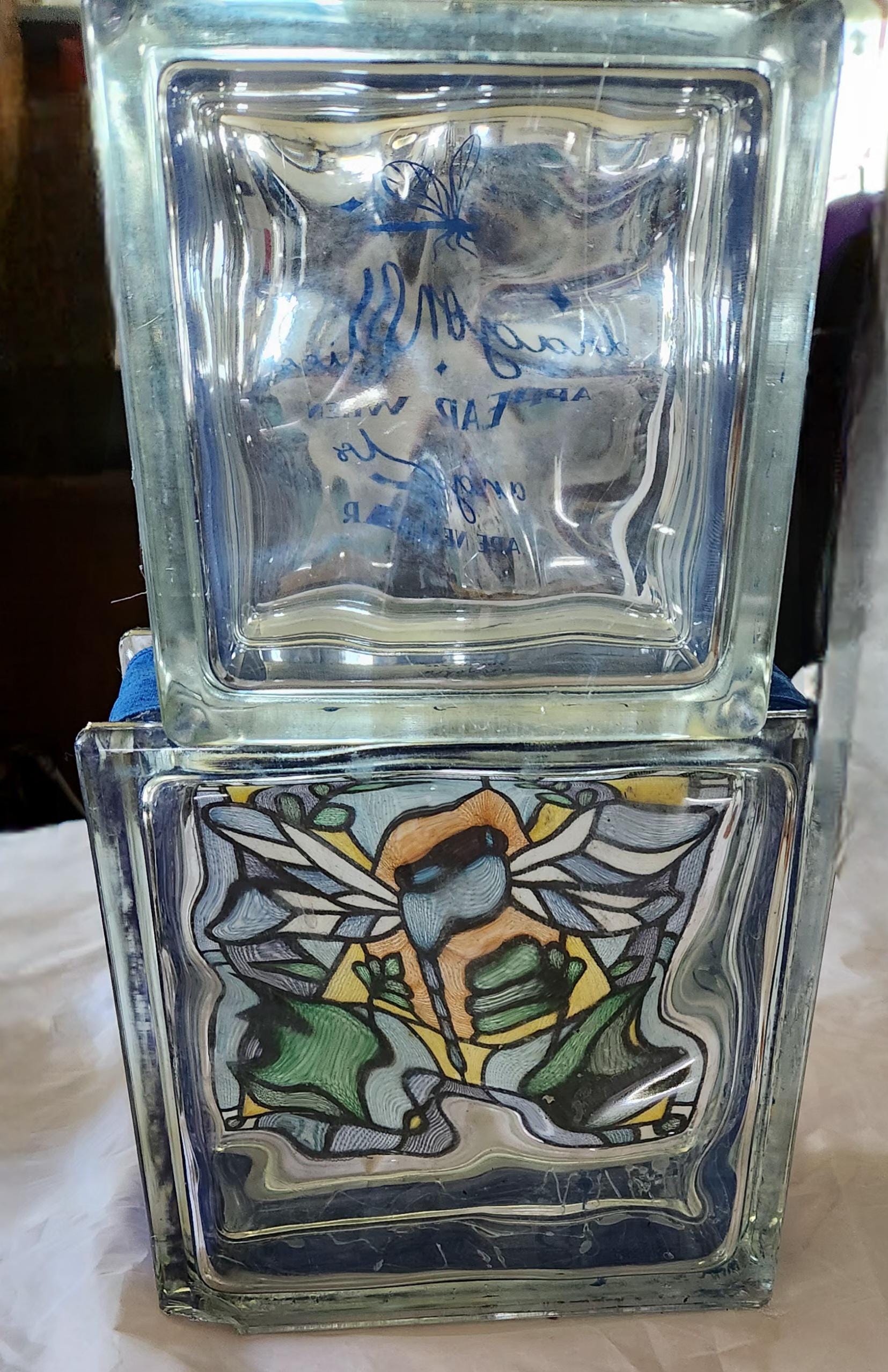 Dragonfly Glass Block Art Embroidered Stained Glass on Upcycled Double ...