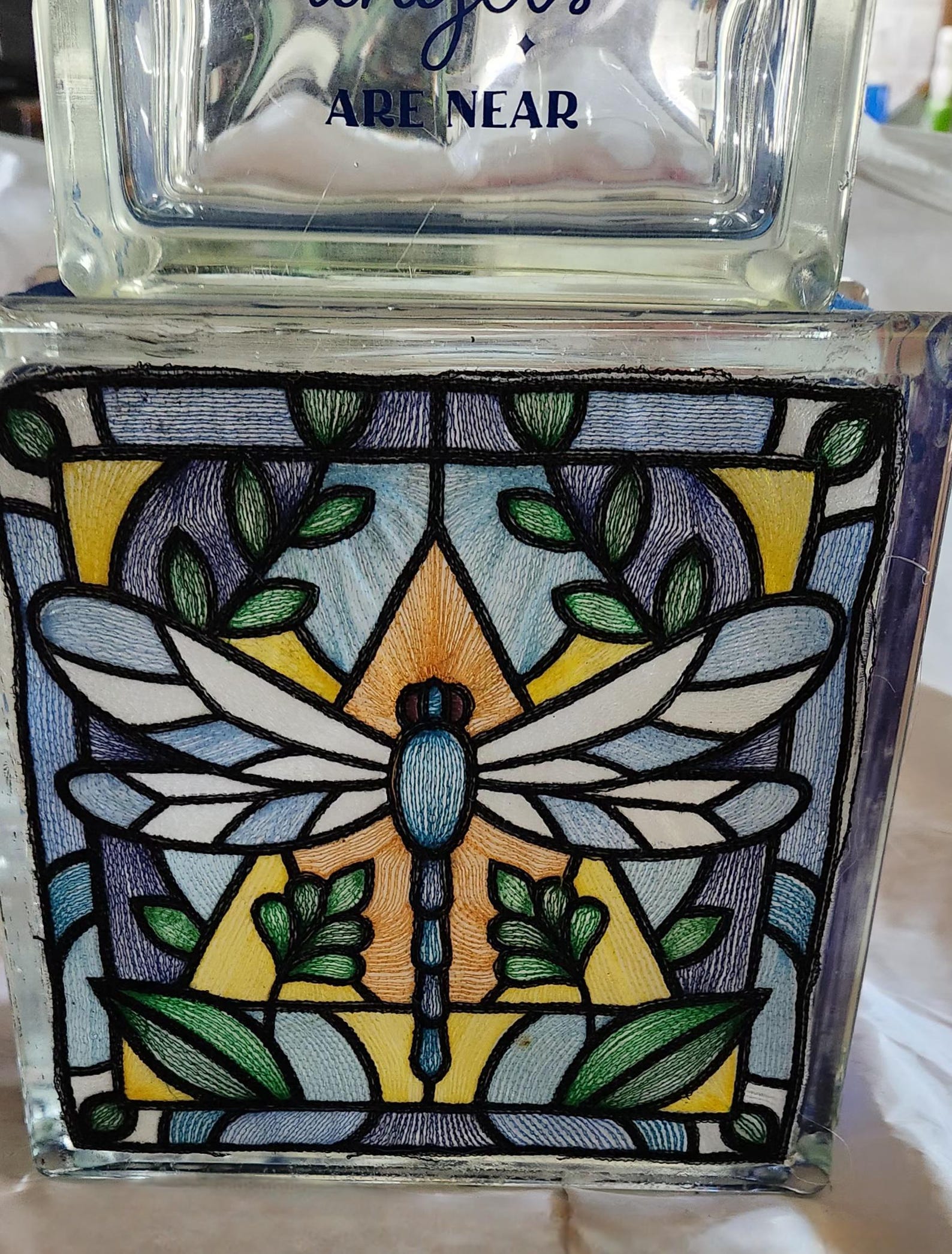 Dragonfly Glass Block Art Embroidered Stained Glass on Upcycled Double ...