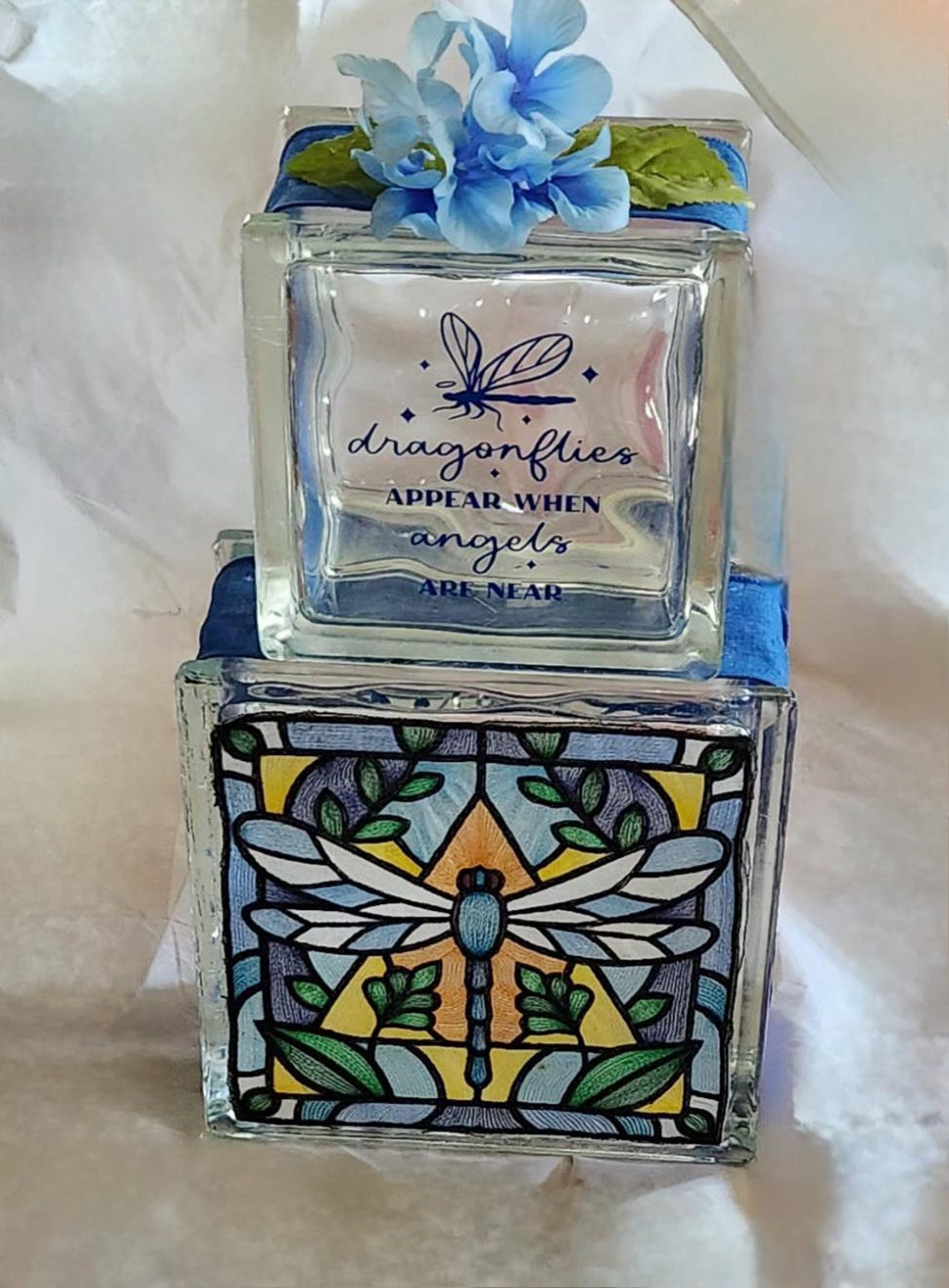 Dragonfly Glass Block Art Embroidered Stained Glass on Upcycled Double ...