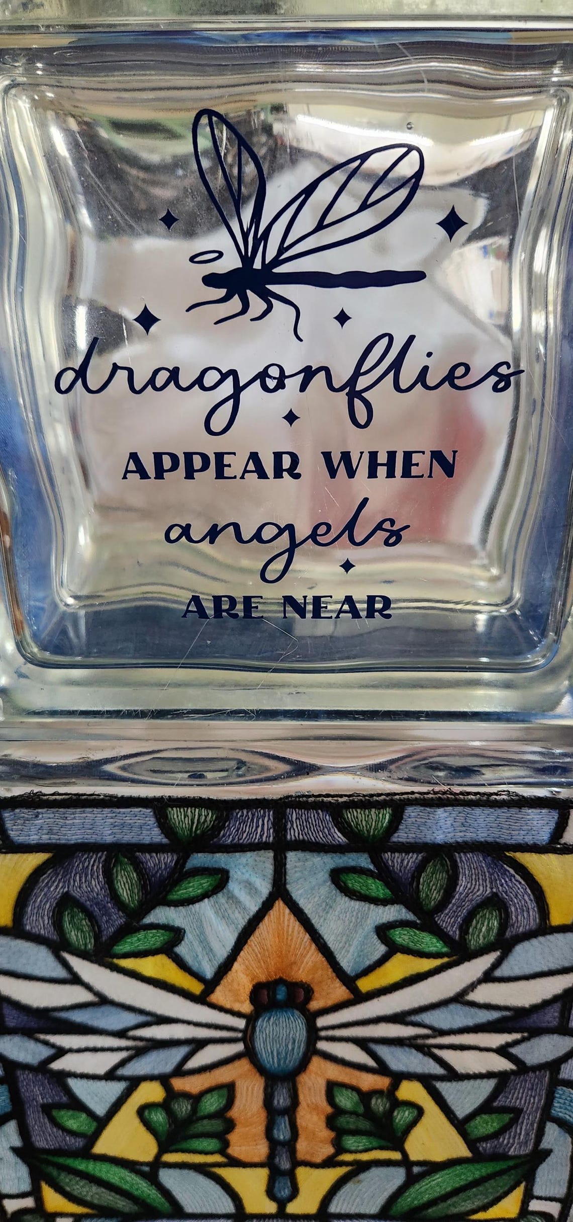 Dragonfly Glass Block Art Embroidered Stained Glass on Upcycled Double ...