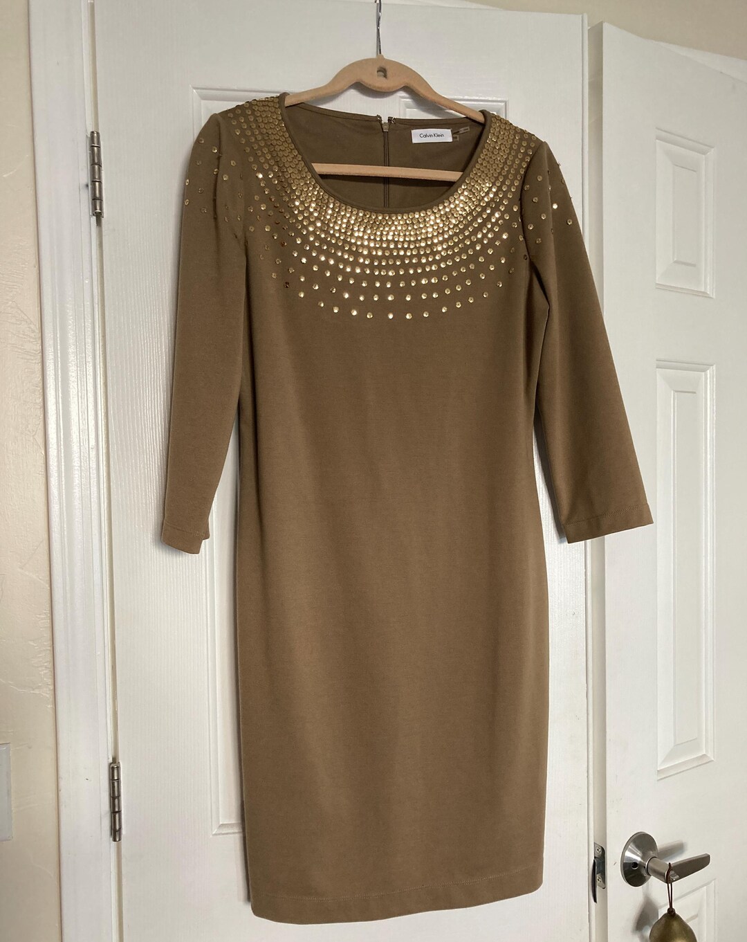 Sleek Calvin Klein Cocoa Brown Knit Dress Gold Embellishments Scoop ...