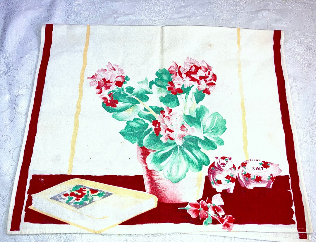 Vintage Retro 40s Cotton Floral Still Life Potted Geranium Book Pigs ...