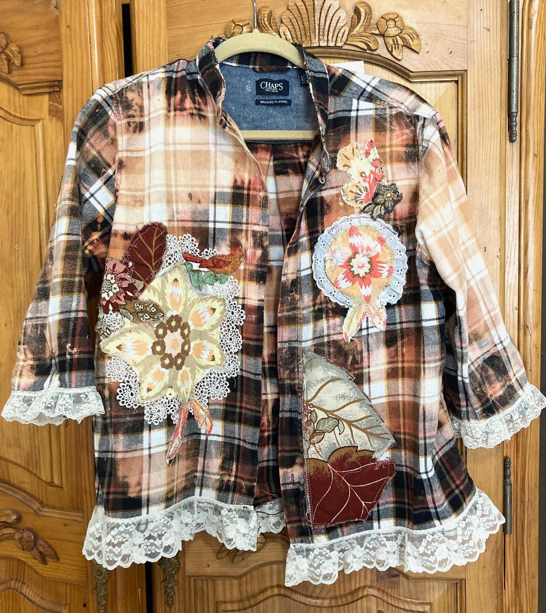 Unique Upcycled Bleached Appliqued Flannel Shirt Top Womens 12-14 Wild ...