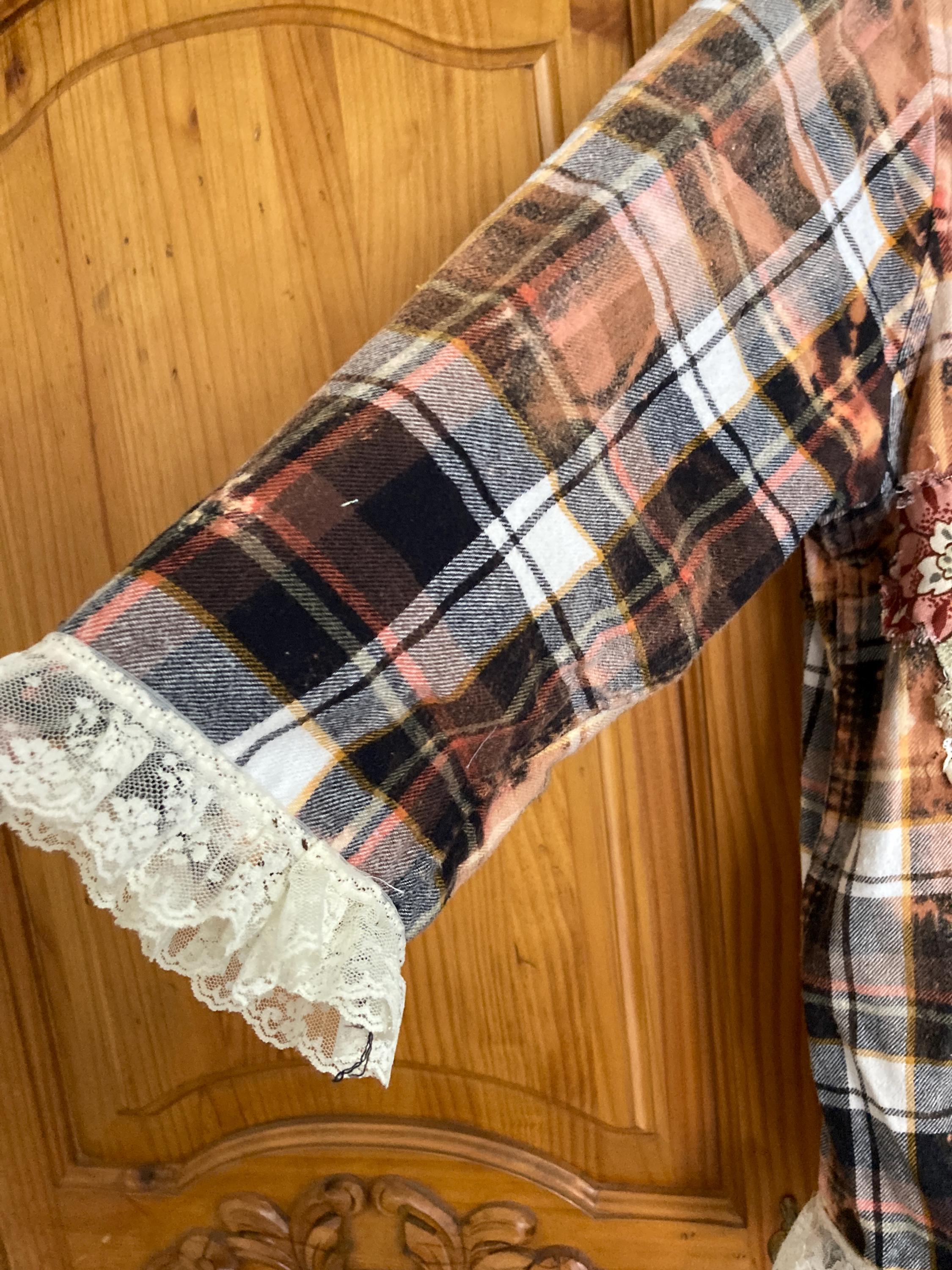 Unique Upcycled Bleached Appliqued Flannel Shirt Top Womens 12-14 Wild ...