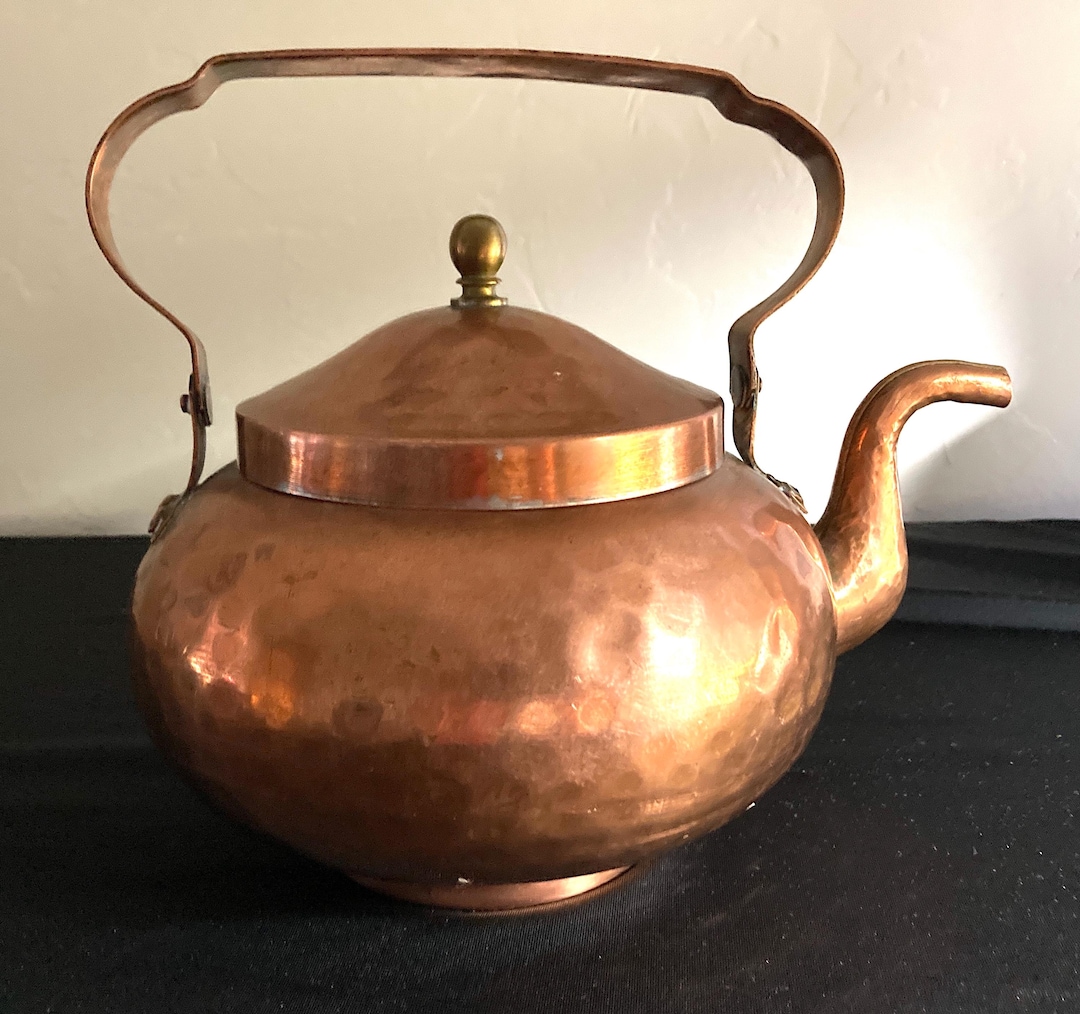 1900s Antique Hammered Copper Tea Kettle Brass Knob Folding Handle 7 X ...