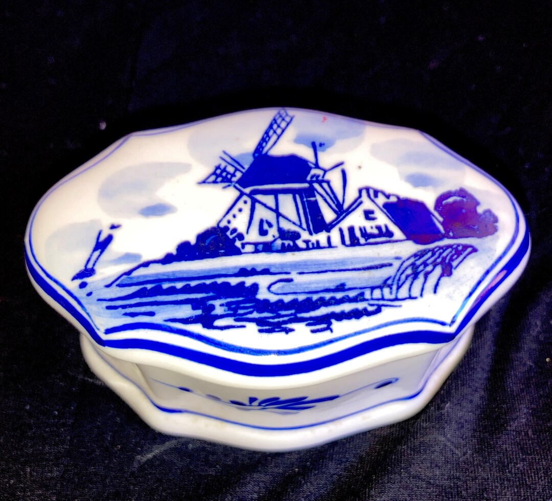 Vintage Delft China Trinket Box Classic Blue White Windmills Scenery ...