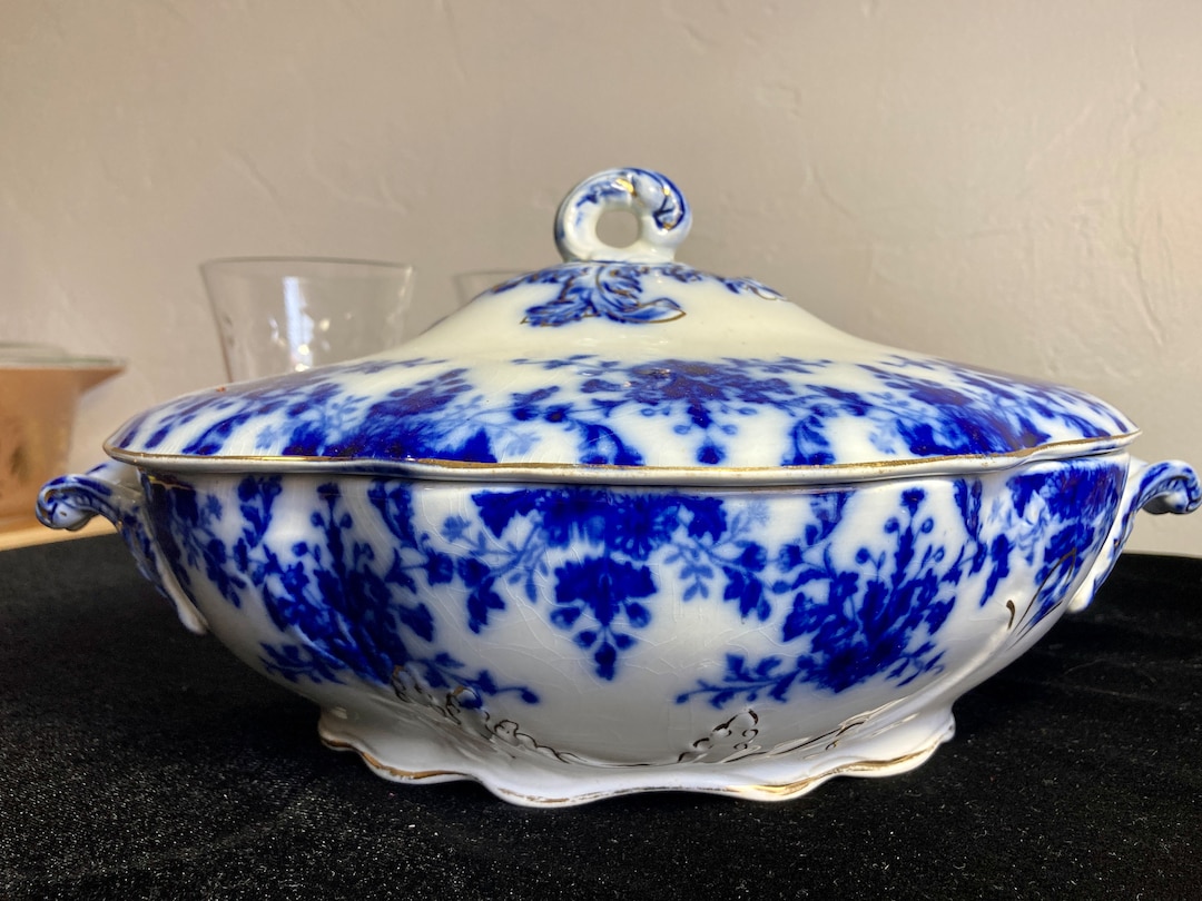 Rare 1910 Antique Flow Blue Covered Dish Ridgways Osborne Royal Semi ...