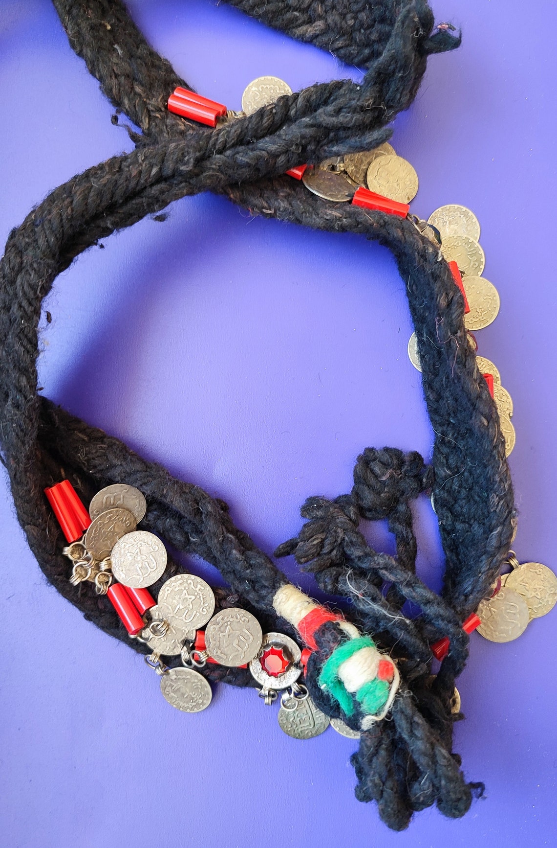 Antique Handmade Berber Head Tounza With Coral Beads Black Wool Laine ...