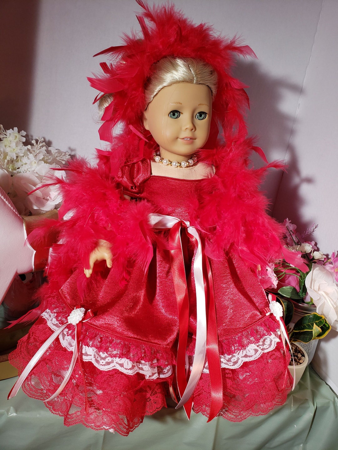 American Girl Doll Saloon Girl Outfit: Red Satin Gown, Boa & Shoes - Etsy