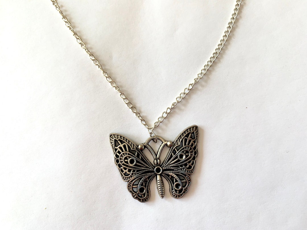 Tibetan Silver Filigree Cut Out Butterfly Curb Chain Pendant Necklace ...