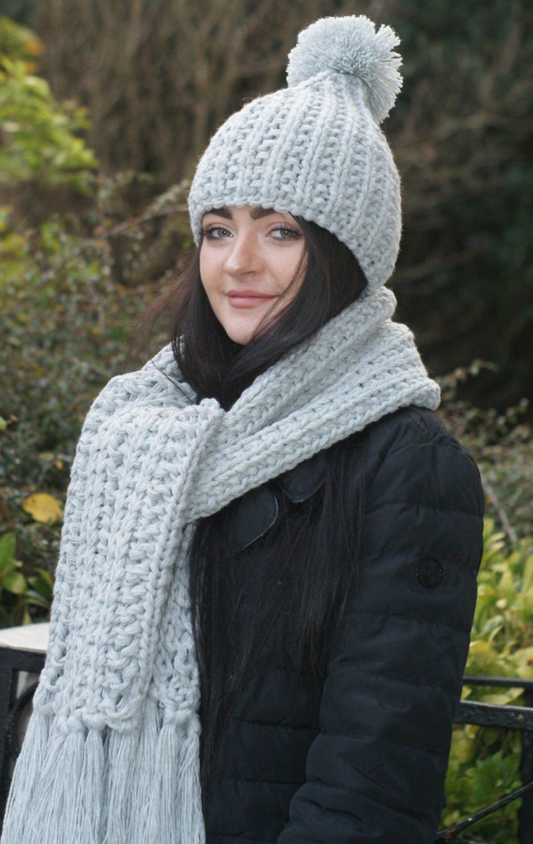 Women Scarf, Fringe, Long Scarf Light Grey, Hand Knitted, Chunky ...
