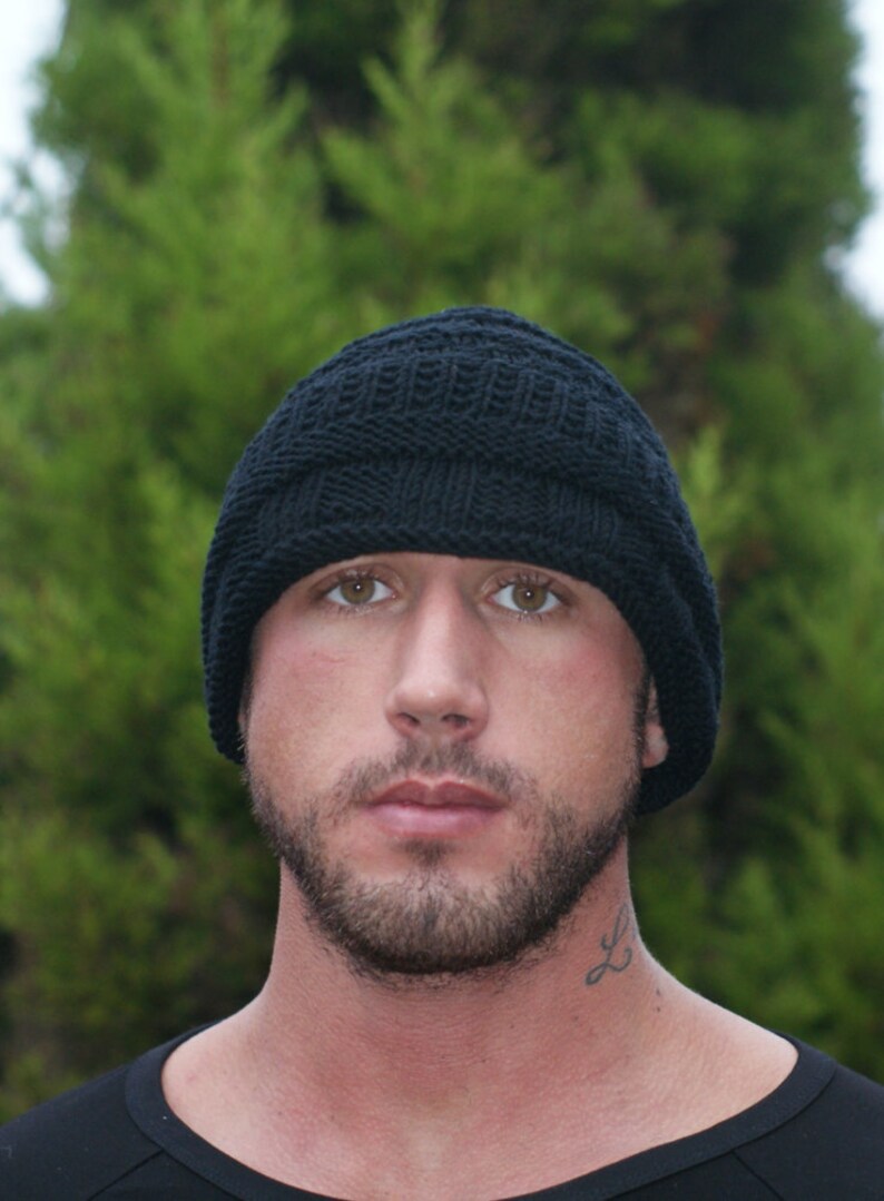 Hat Man Black, Slouchy Hat, 100% Merino Wool, Black Long Beanie, Hand ...