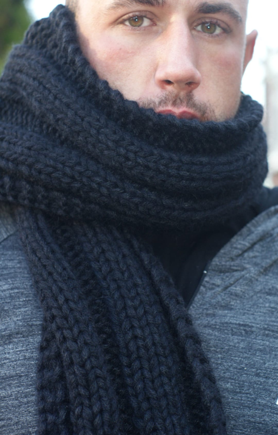 Men Scarf Black, Chunky Knit Scarf, Italian Acrylic, Black Men's Scarf ...