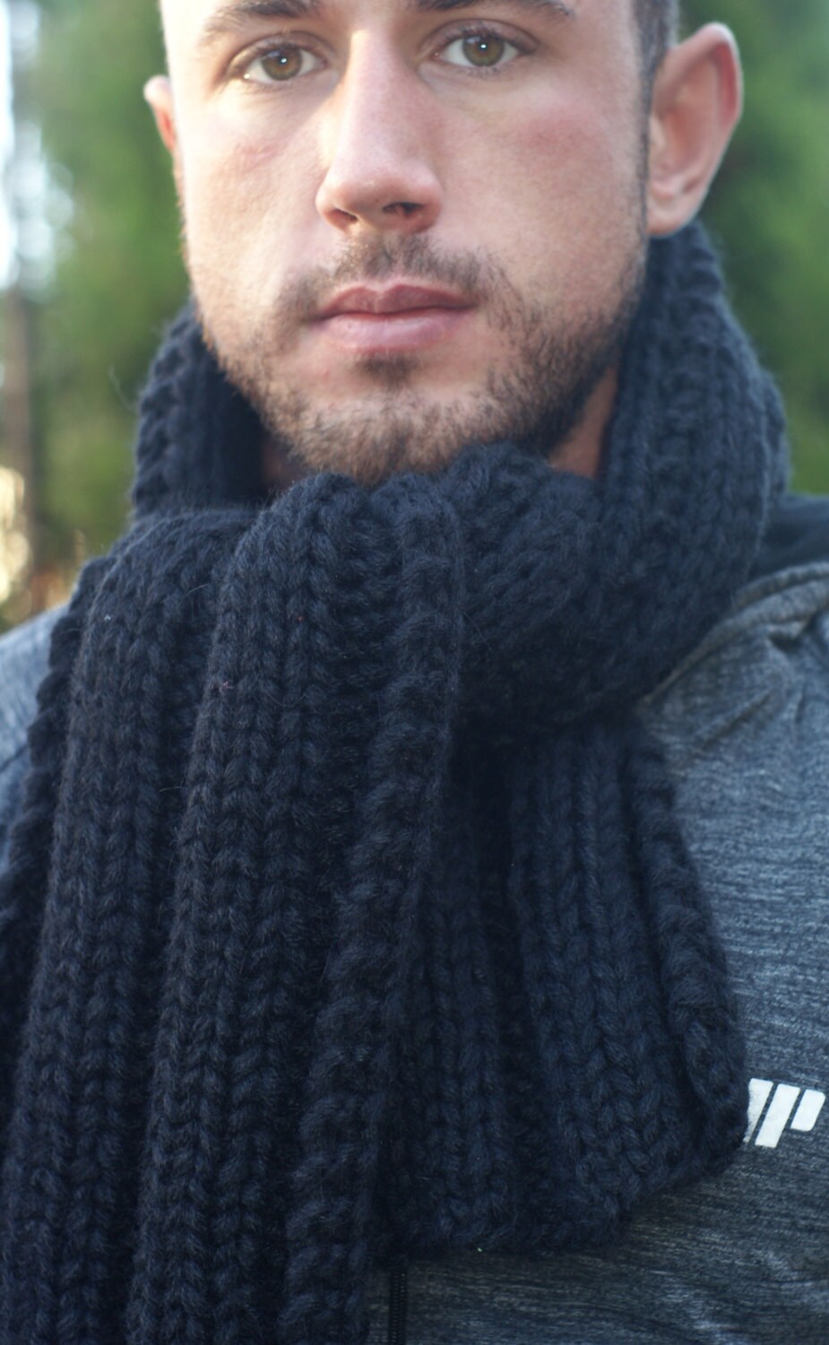 Men Scarf Black, Chunky Knit Scarf, Italian Acrylic, Black Men's Scarf ...