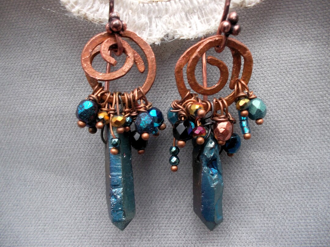 Rustic Hammered Copper Titanium Quartz Earrings OOAK - Etsy