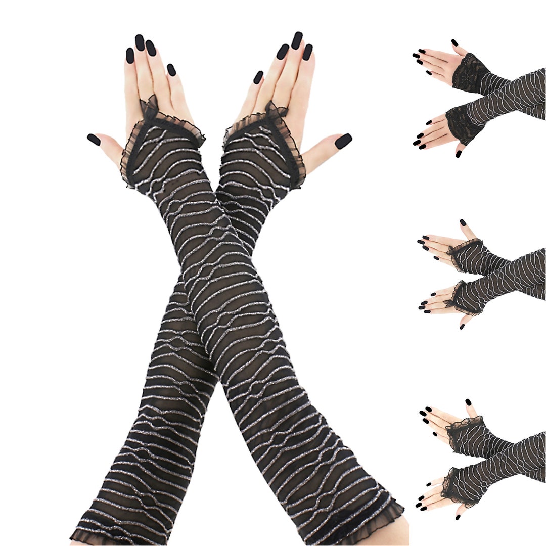 All Black Silver Extra Long Fingerless Gloves Formal Evening Opera Arm ...