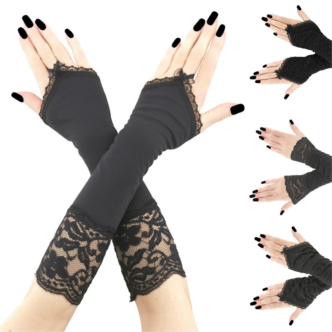 All Black Long Fingerless Gloves Formal Evening No Fingers Elbow Length ...