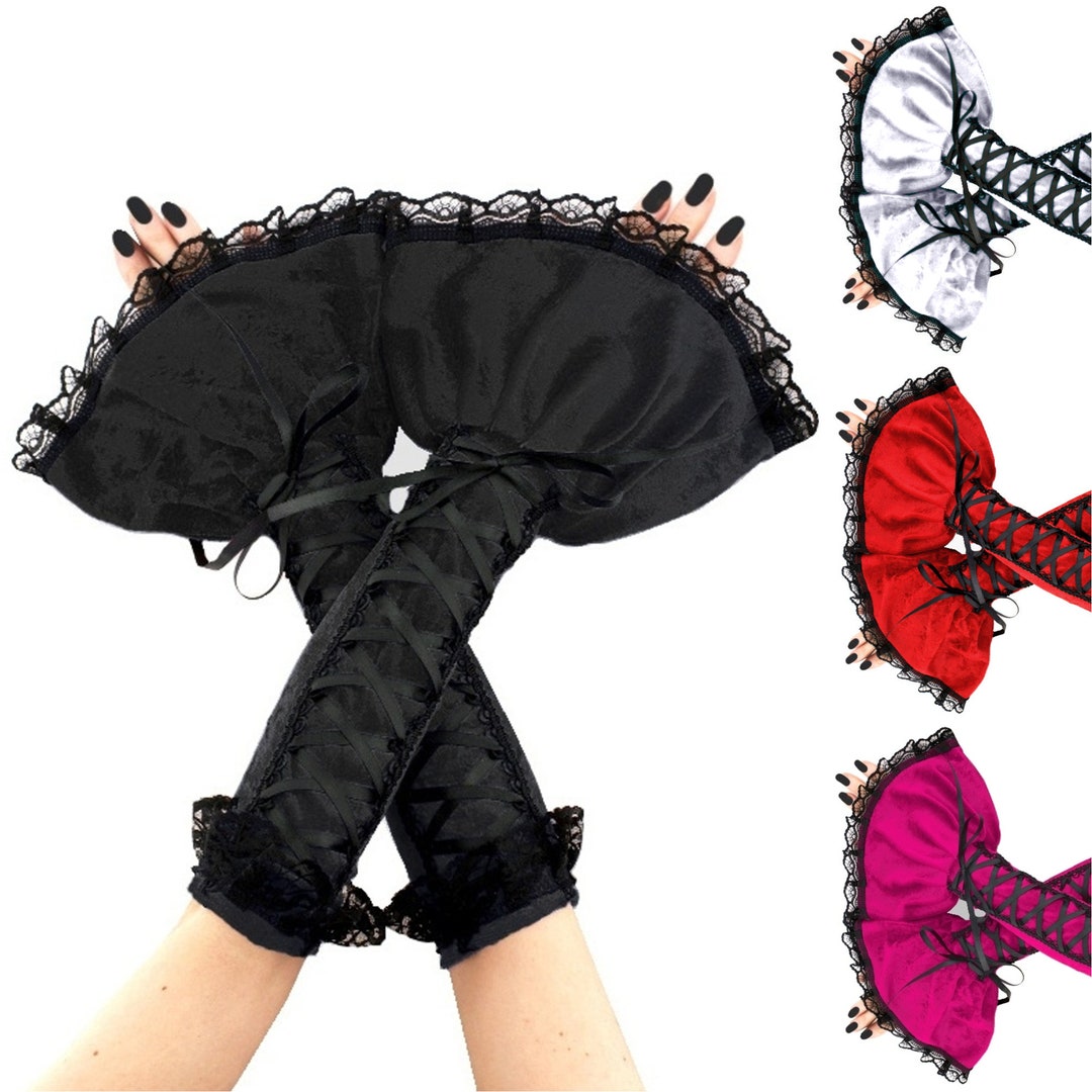 Velvet Ruffled All Black Long Fingerless Gloves Evening No - Etsy