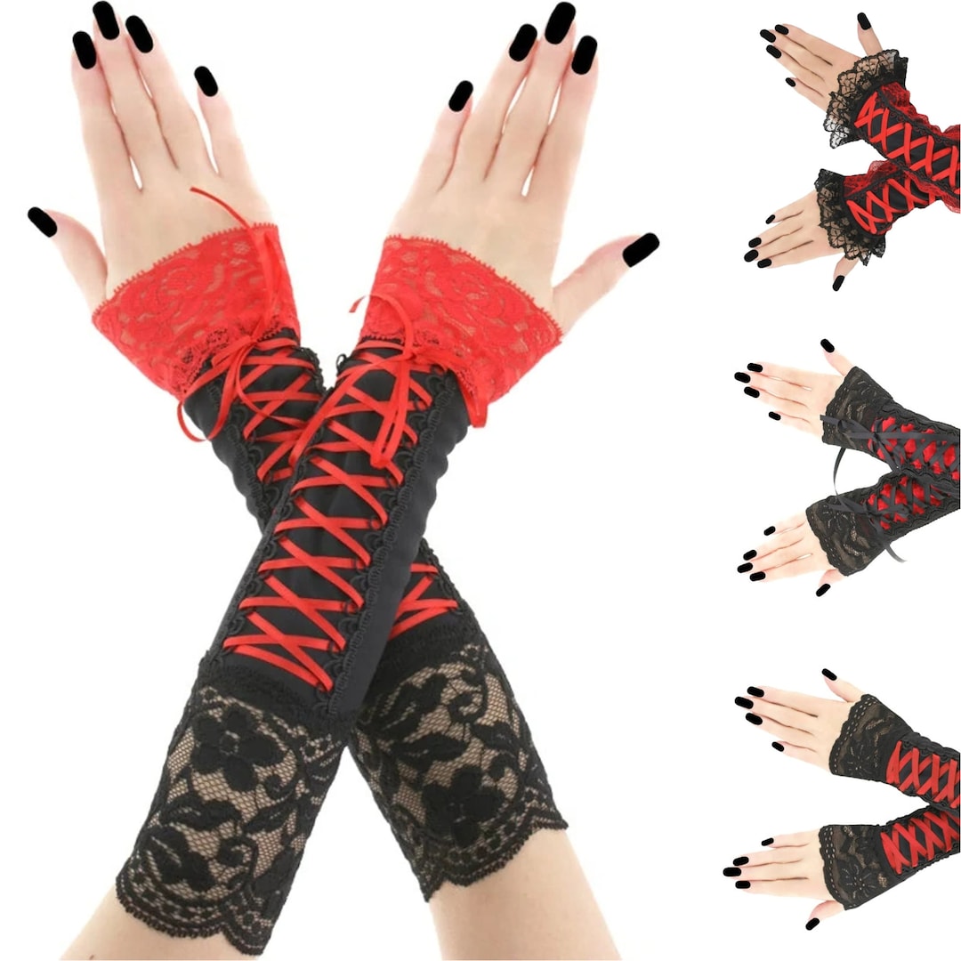 Red Black Long Fingerless Gloves Formal Evening No Fingers - Etsy