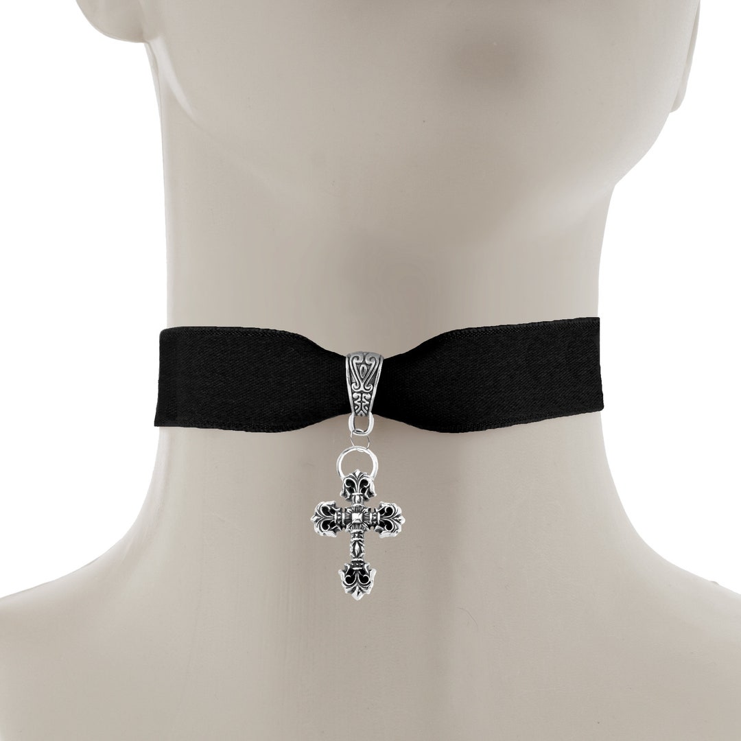This Gothic Cross Pendant Black Satin Choker Necklace Comes With an ...