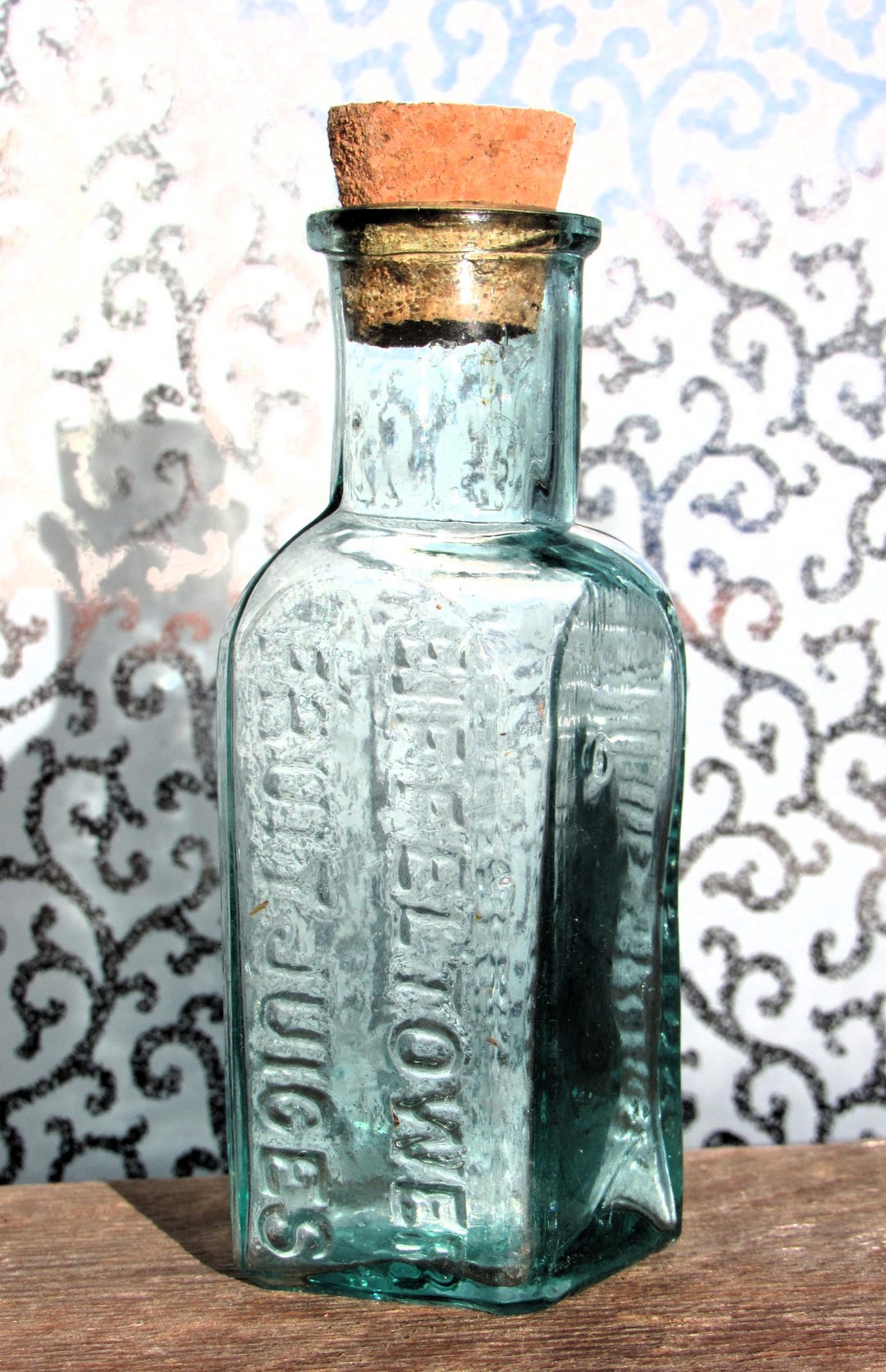 Antique Eiffel Tower Bottle / Small Square Aqua Blue Glass Corked ...