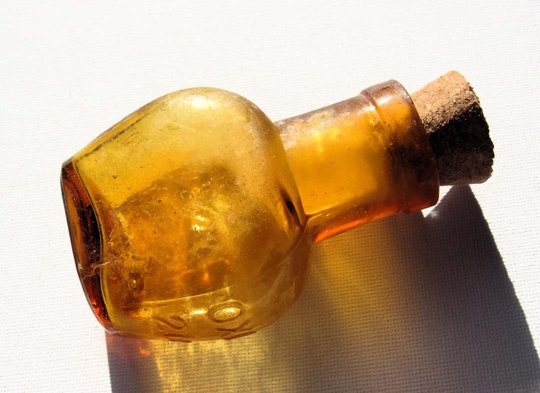 Antique 2oz OXO Jar in Golden Brown Glass With Cork and Rainbow Patina ...