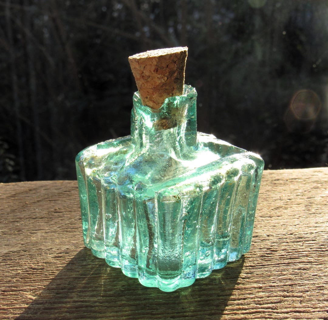 Antique Blue Glass Ink Bottle / This Square Vintage Ribbed Inkwell With ...