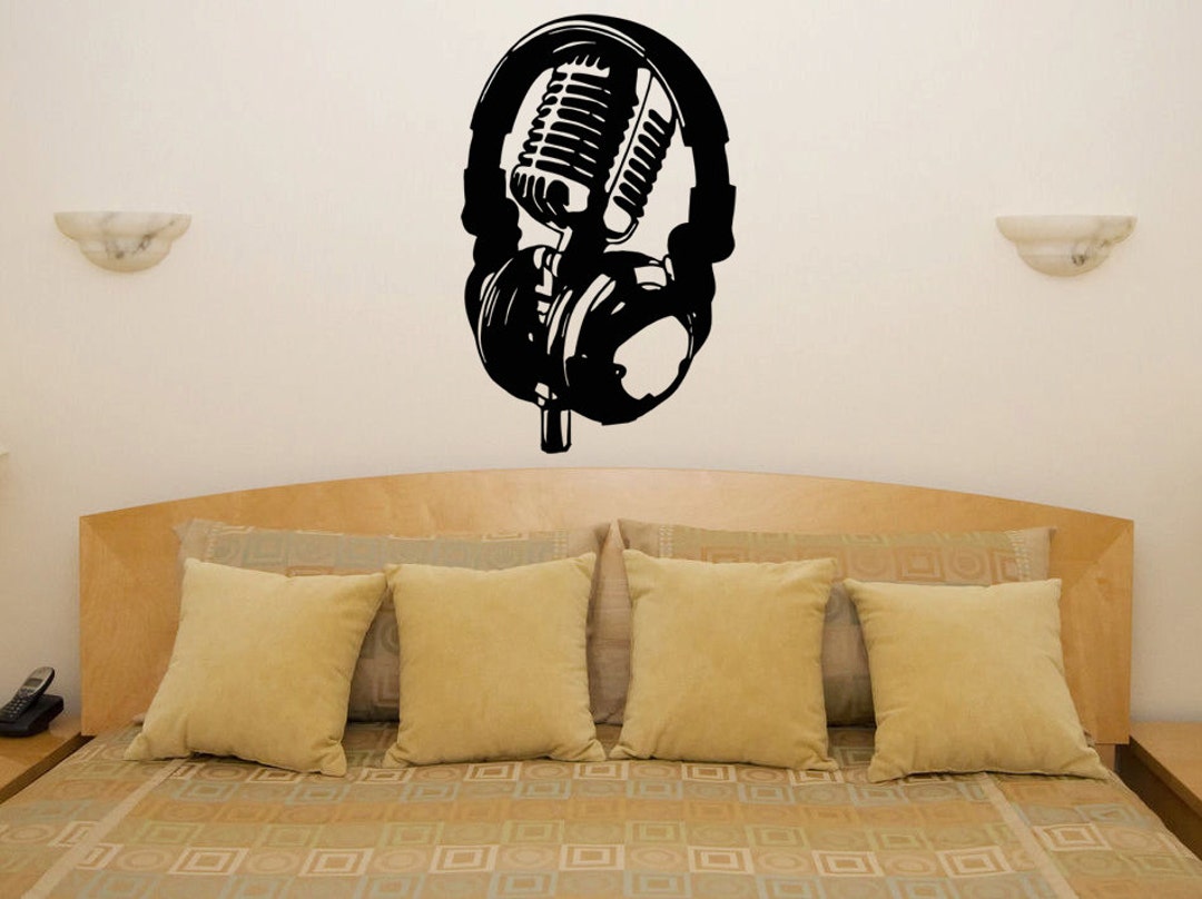 Head Phone Microphone Sing Mic Kitchen Bedroom Wall Art Sticker Picture ...